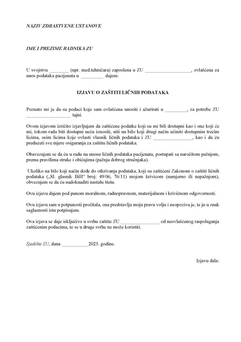 Formular Izjave o zaštiti ličnih podataka – media.komorastomatologa.com